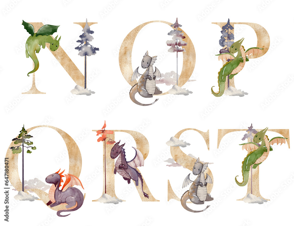 Watercolor dragons letters for invitation card, nursery poster, baby ...