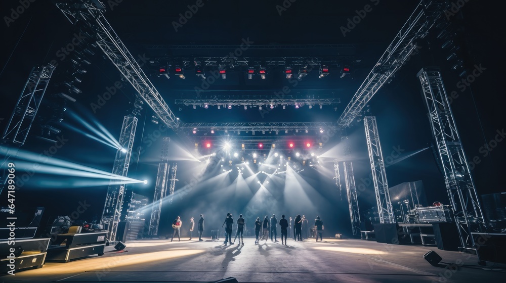 A Live stage production being built in a center stage, Lighting trusses ...