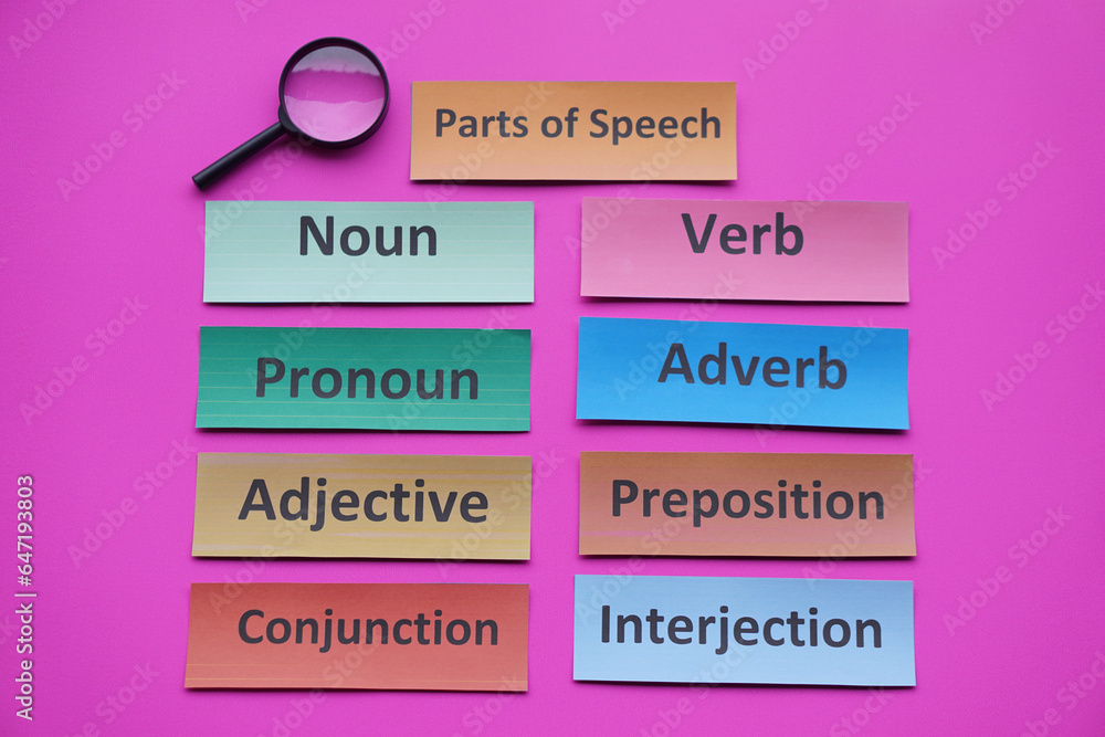 Foto Magnifying glass, colorful word cards about Part of speech Noun ...
