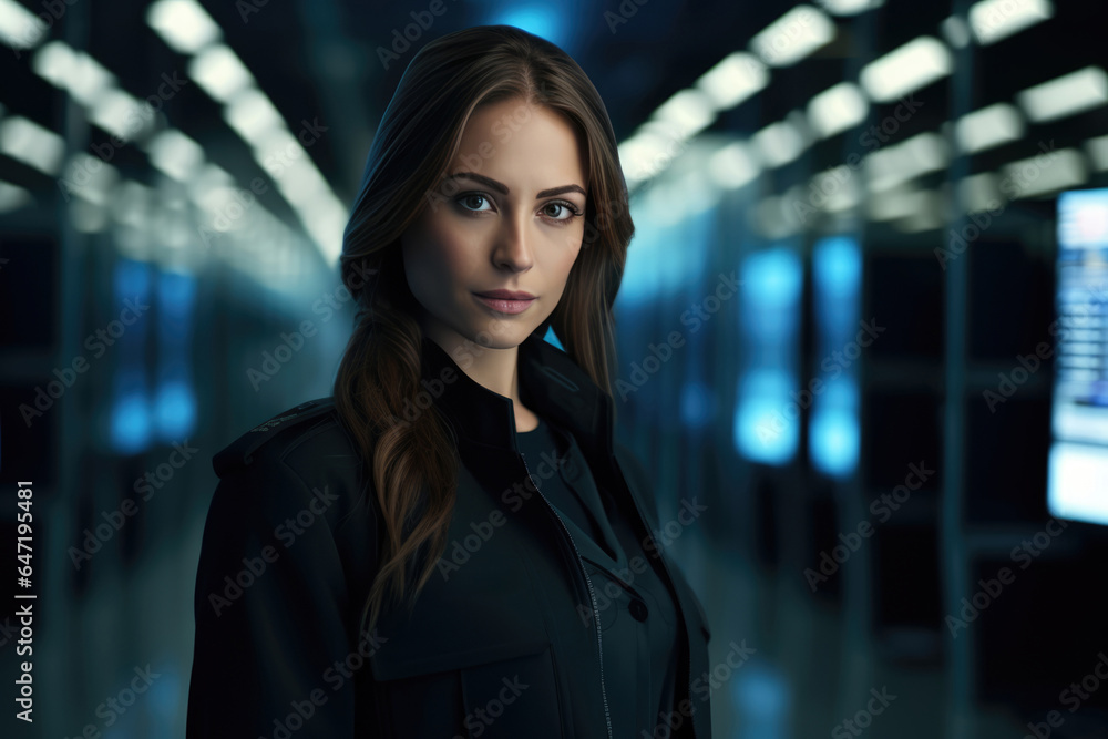Woman Guard On Defocused Background Data Centers . Сoncept Women In ...