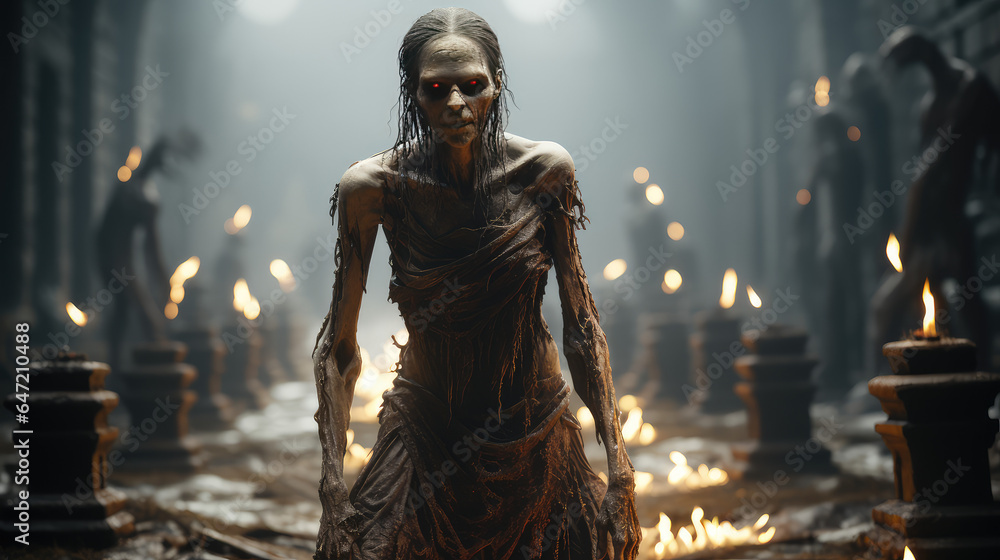 Zombie emerges from the shadows, its eyes radiating an eerie glow ...