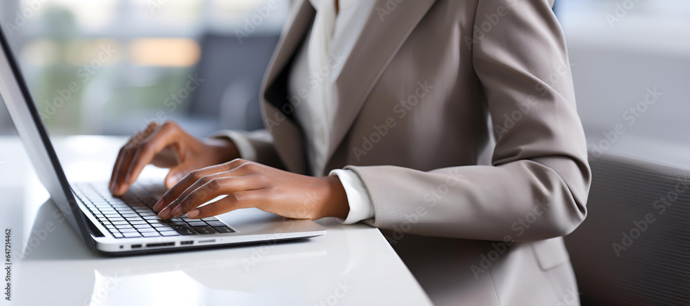 An image featuring a businesswoman's hands as she types on a sleek ...