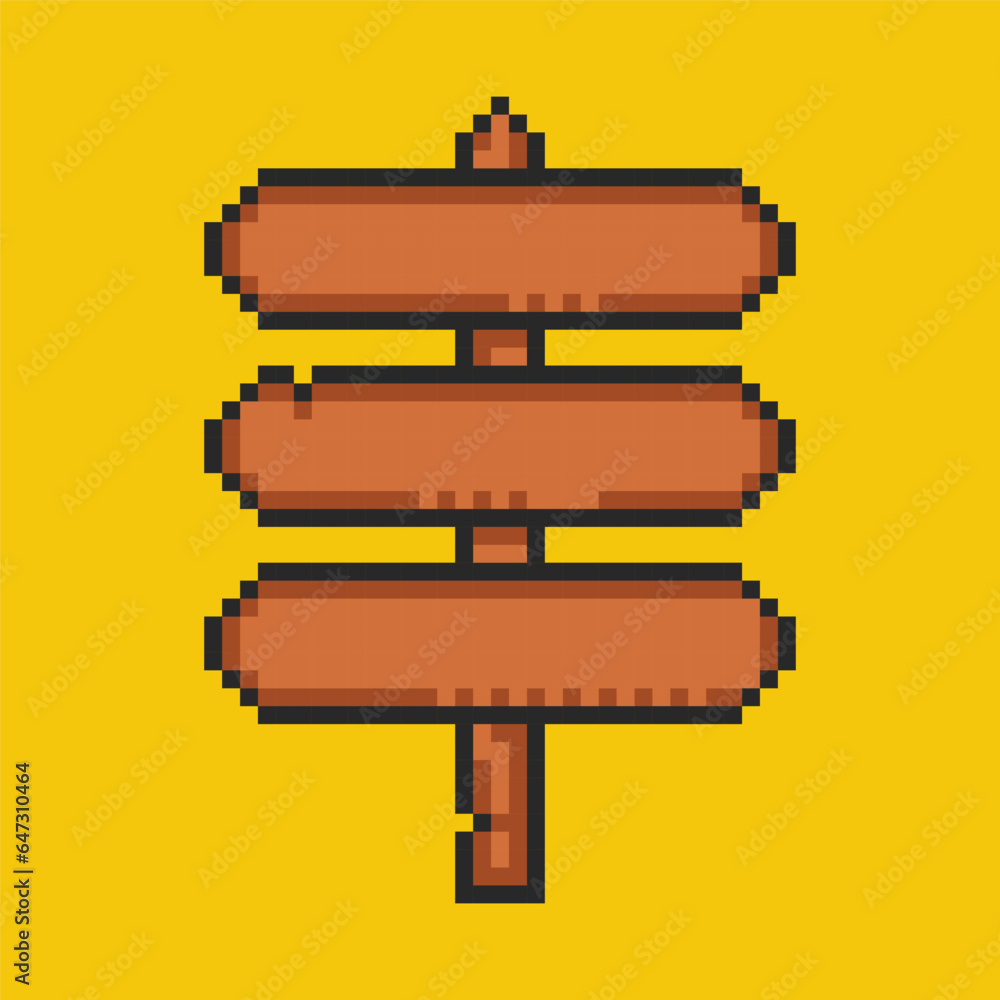 Vector de Stock Pixel wooden roadside sign, old village, 8 bit timber ...