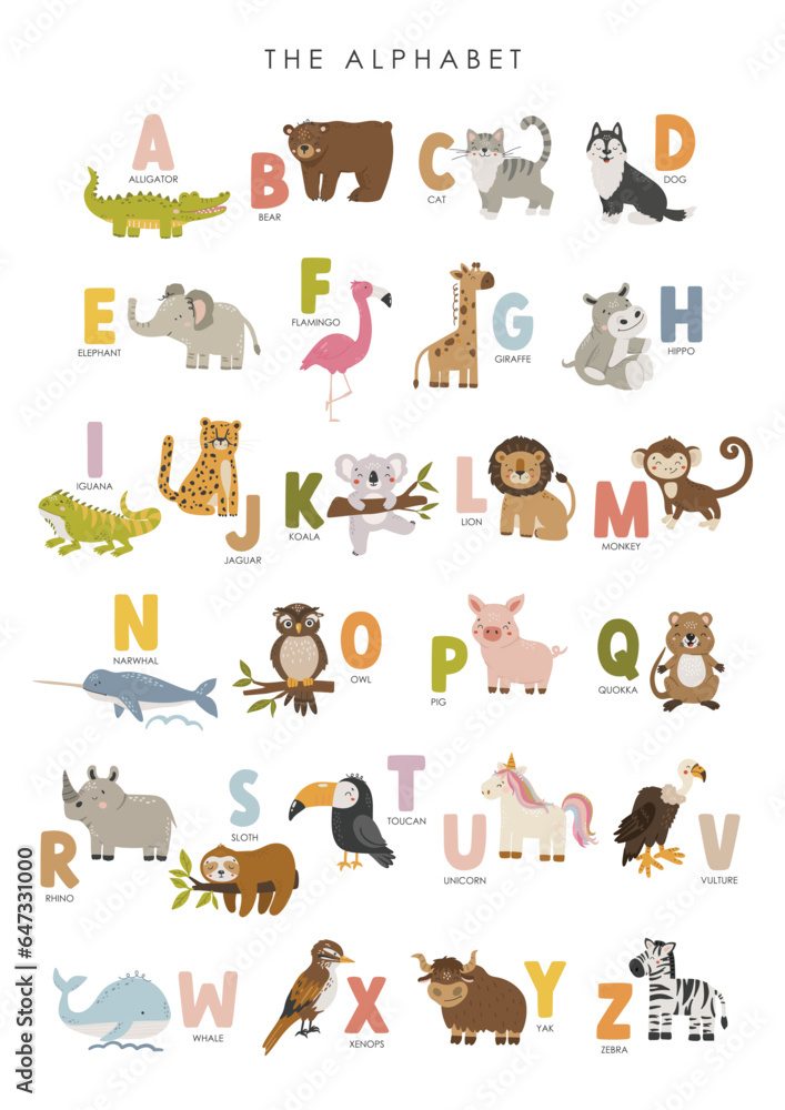 Vector de Stock Animal alphabet illustration, educational material ...