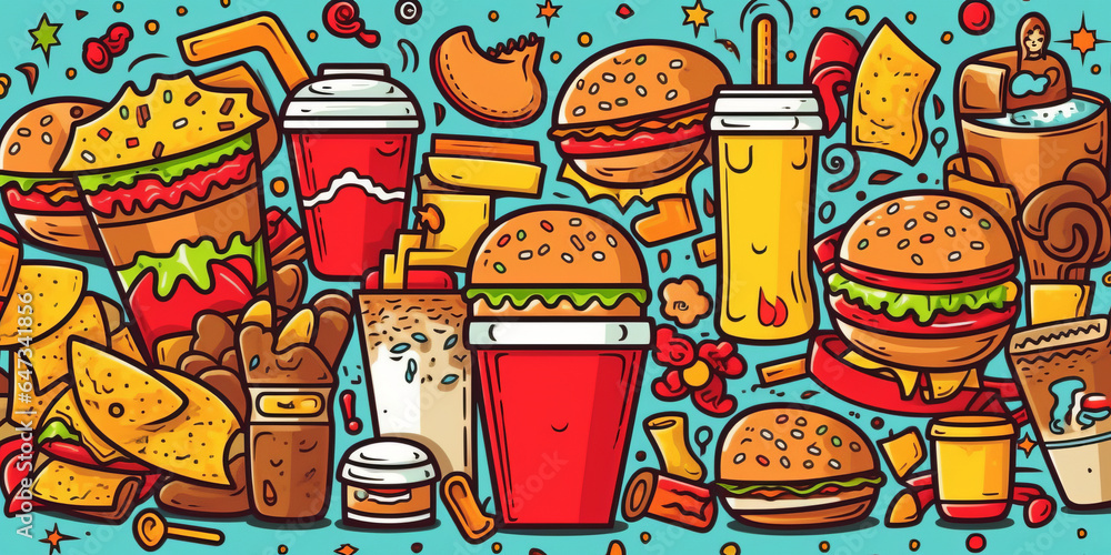 Fast food hand drawn cartoon doodles illustration. Fast food funny ...