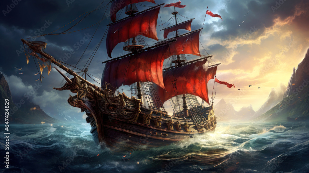 The ship is an old frigate with sails. Fairytale ship at sea. Close-up ...