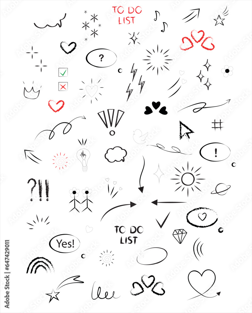 Drawn exclamation, question mark, todo list, symbols, cursor and heart ...