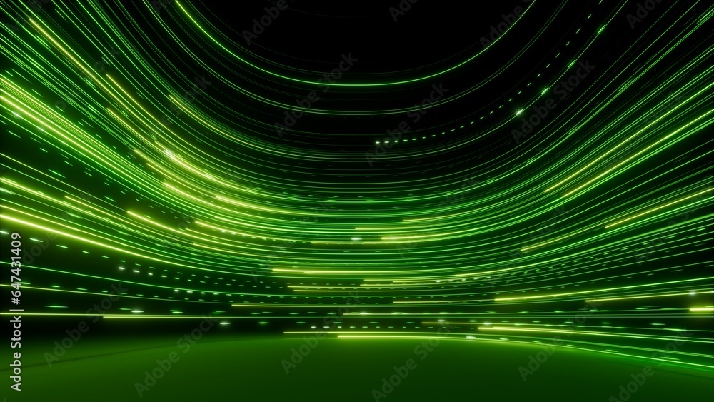 3d render, abstract wallpaper. Green neon lines over black background ...