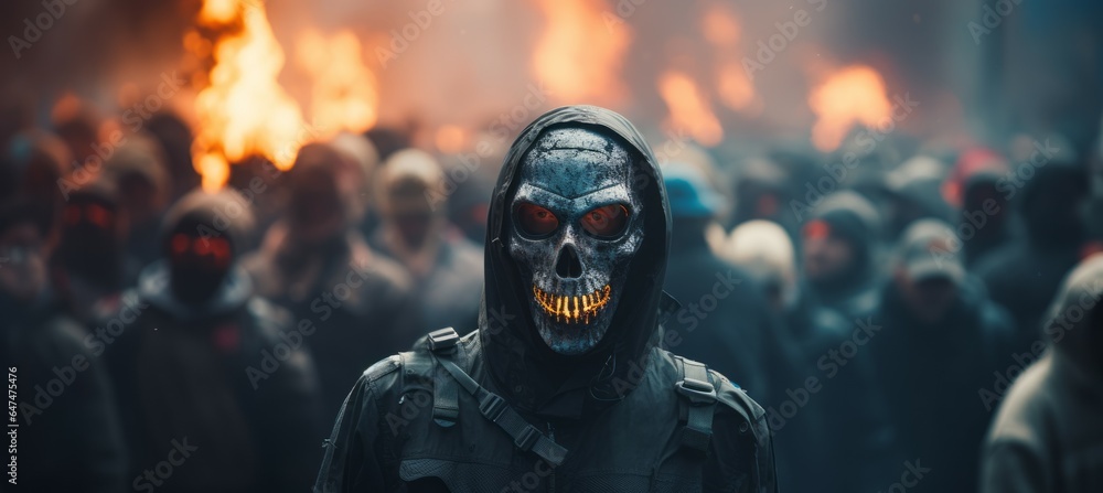 Man wearing evil skull mask join protest. Generative AI technology ...
