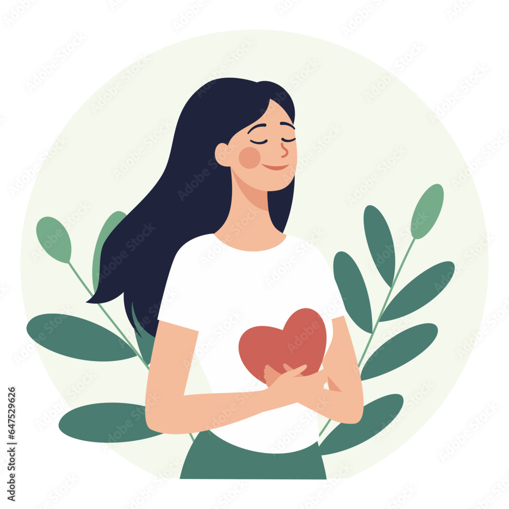 Vector flat illustration. Peaceful girl holding a core in her hands ...