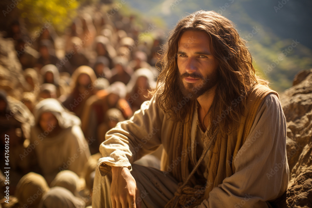 Fotografie Jesus Christ preaching at the Sermon on the Mount, blessing ...