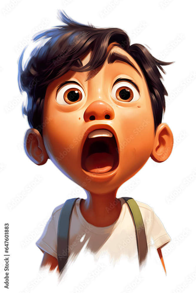 Sad scared Asian kid girl cartoon character, close view, sad emotion ...