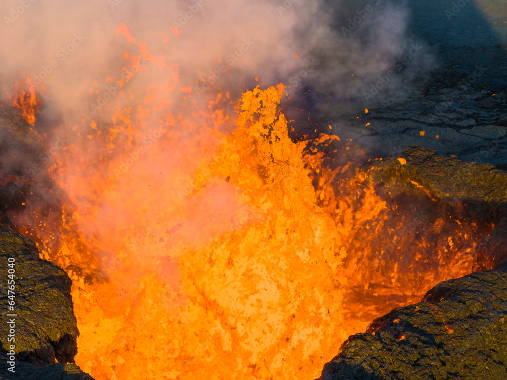 Aerial view of Litli-Hrutur (Little Ram) Volcano during an eruption on ...