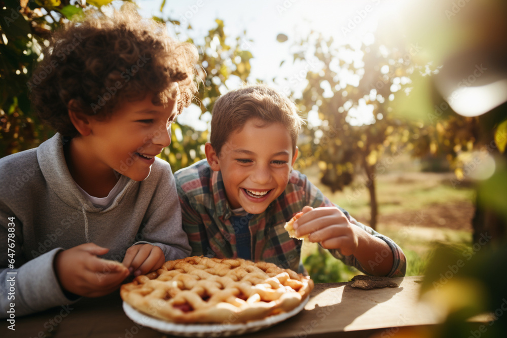 Happy children eating apple pie outdoors in the garden, cook fresh ...