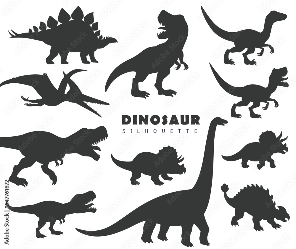 Dinosaur silhouette isolated set icon. Vector set of the dinosaurs ...