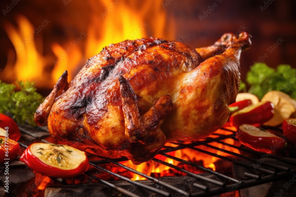 Foto de Stock chicken grilling on fireplace delicious nice food | Adobe ...