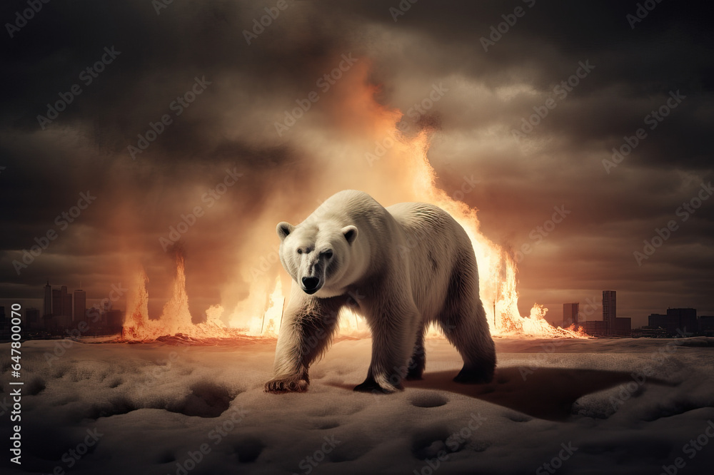 A polar bear walks away on the ice from a fire, global warming climate ...