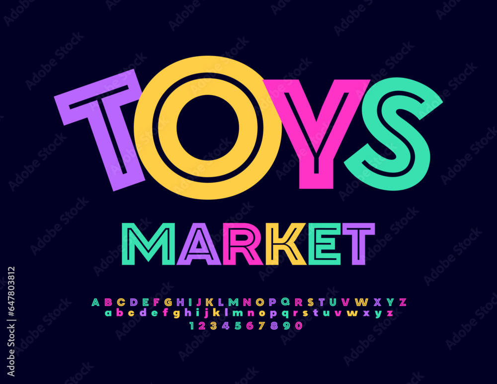 Vector playful poster Toys Market. Modern colorful Font for Kids ...