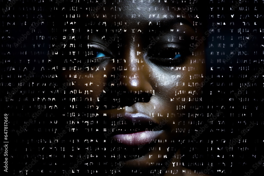 Foto de Stock Black woman face with digital matrix numbers. Artificial ...