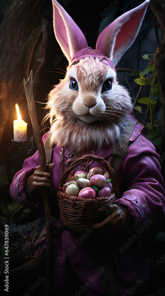 Medieval Rabbit Carrying an Easter Egg Basket in a Purple Outfit: A ...