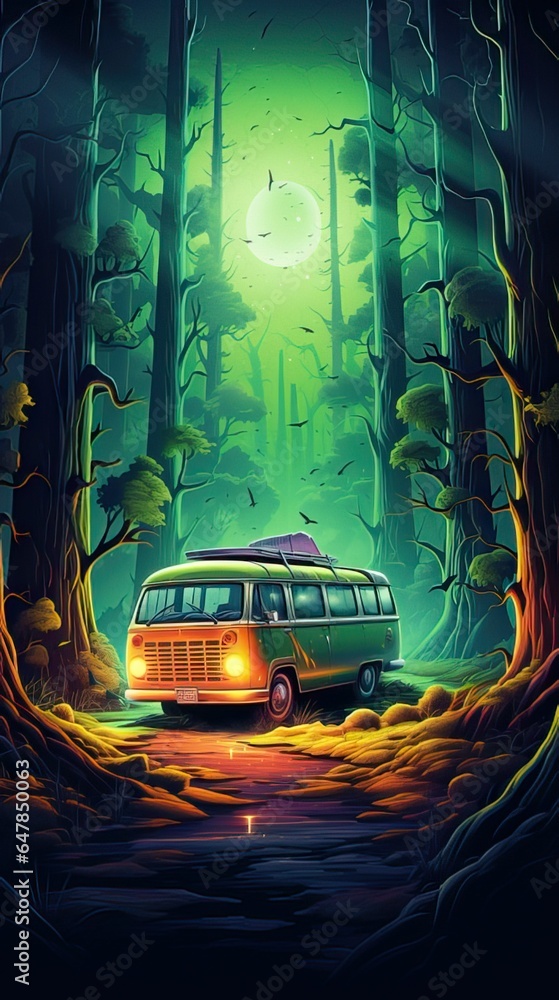 Bus in the Forest, Stock Photo of Yellow School Bus Parked in Lush ...