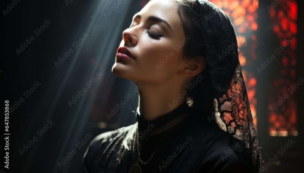 The holy woman prays to God in the temple. Beautiful sensual portrait ...