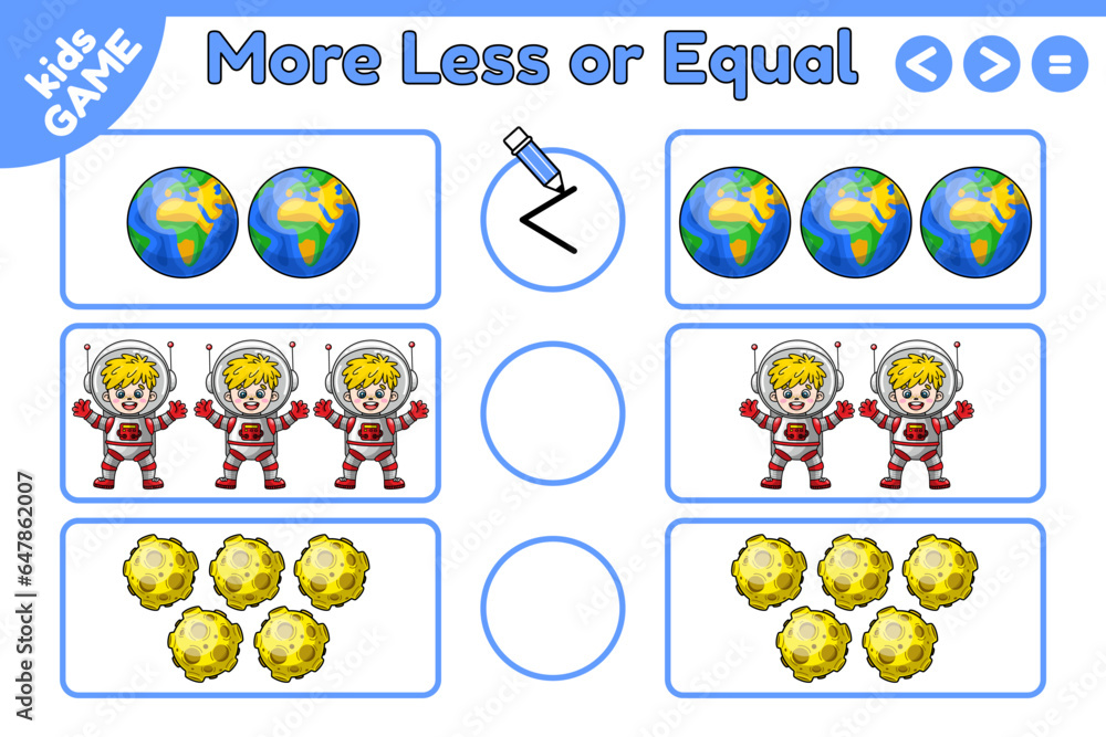 More, less or equal. Math game for education children. Count space ...