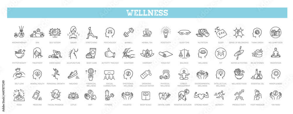Wellness icons. Wellbeing, mental health, healthcare, cosmetics, spa ...