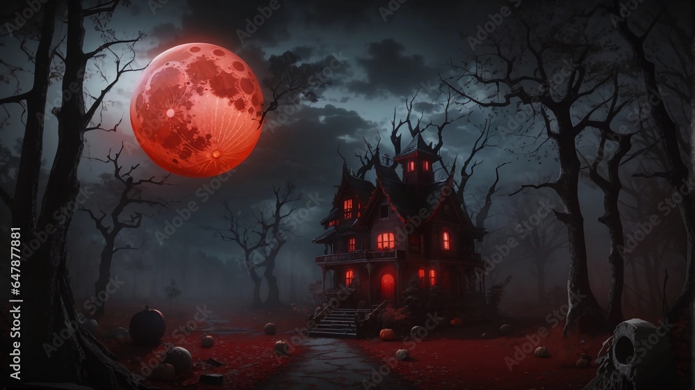 Haunted house in horror landscape in blood red full moon spooky forest ...