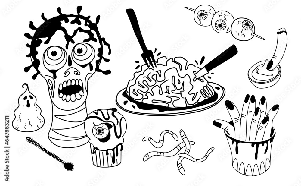 Set of dish for Halloween, weird food. Zombie meal. Skull cake, brain ...