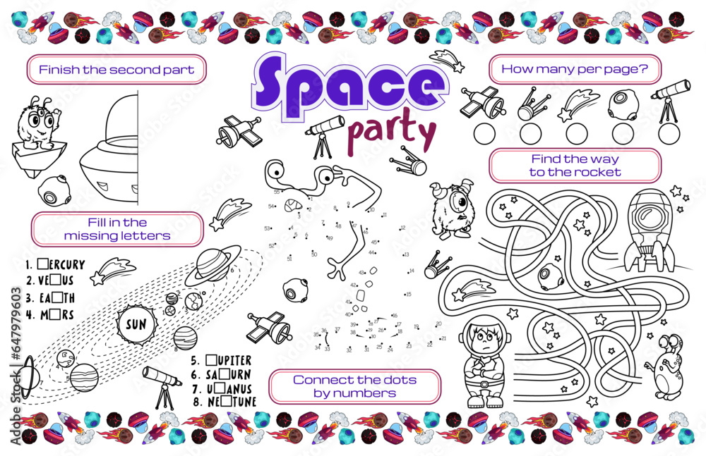 Vector de Stock Festive placemat for children. Printable activity sheet ...