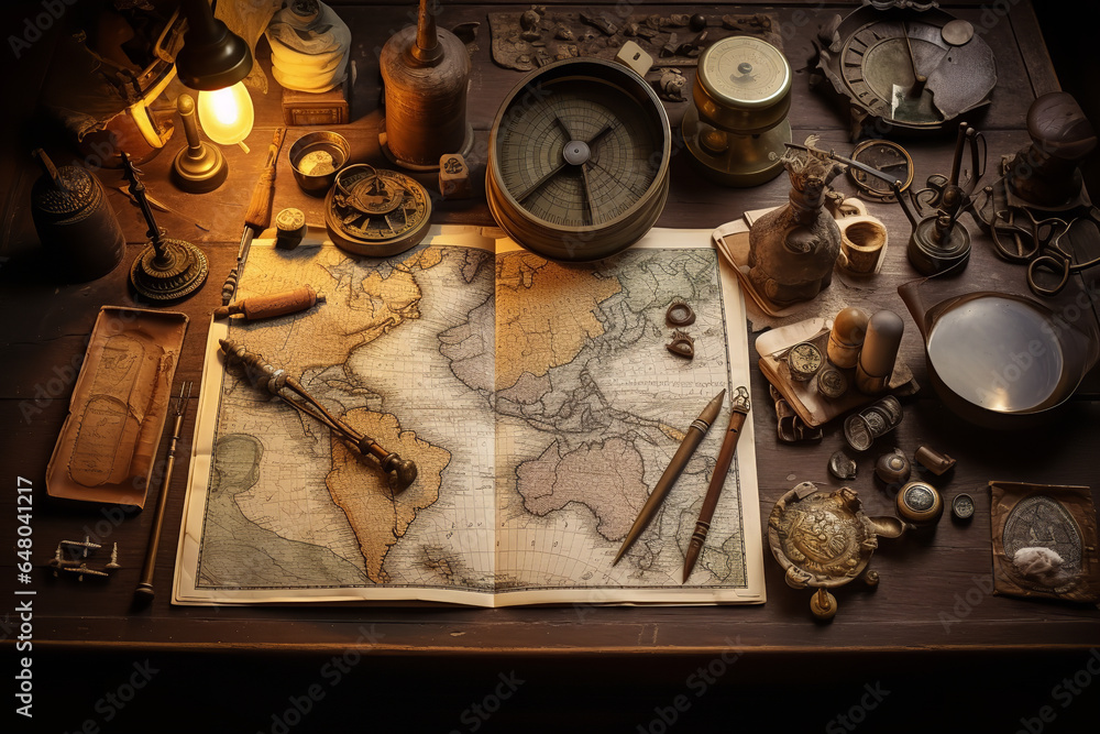 An antique geographer's workspace replete with magnifying glass ...