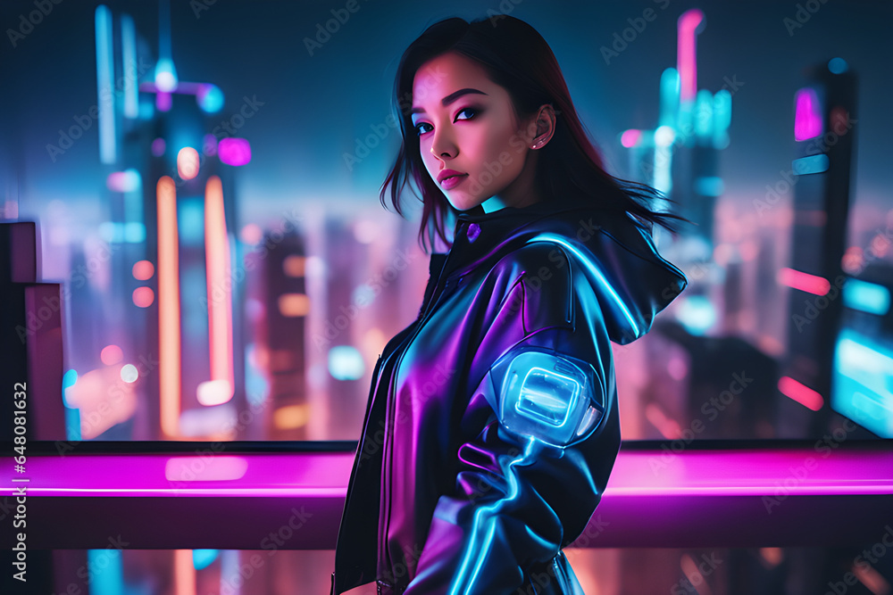 A girl in a futuristic neon jacket stands on top of a skyscraper on a ...