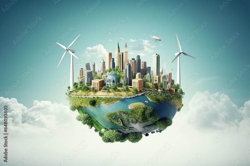 Environment of planet earth. Green healthy planet with many windmills ...
