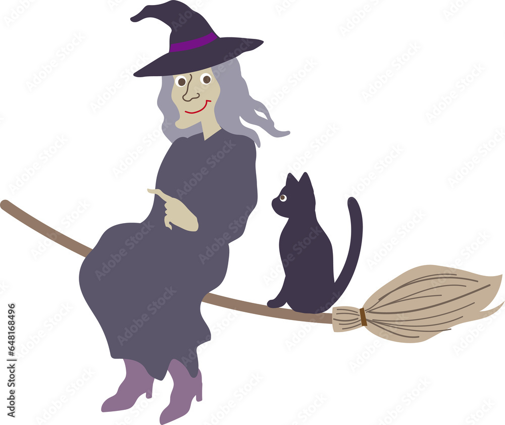 Halloween illustration element of spooky flying wicked witch with cat ...