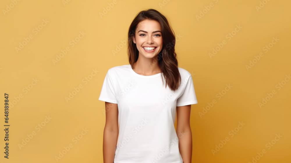 Smile Young Woman fit in Frame wearing bella canvas white shirt mockup ...