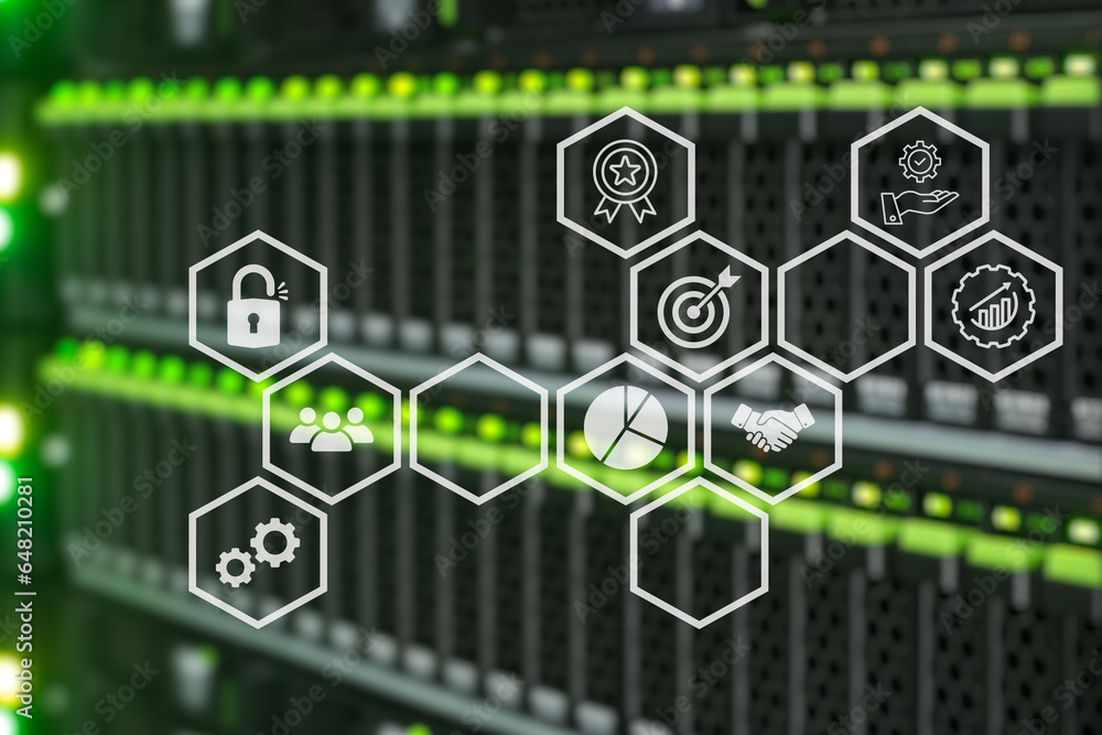 Image of multiple icons over digital clock against server racks in ...