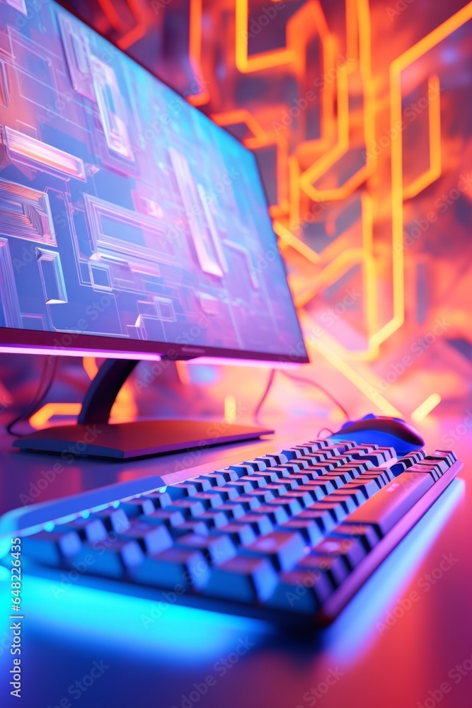 A vibrant neon glow radiates from a futuristic computer monitor and ...