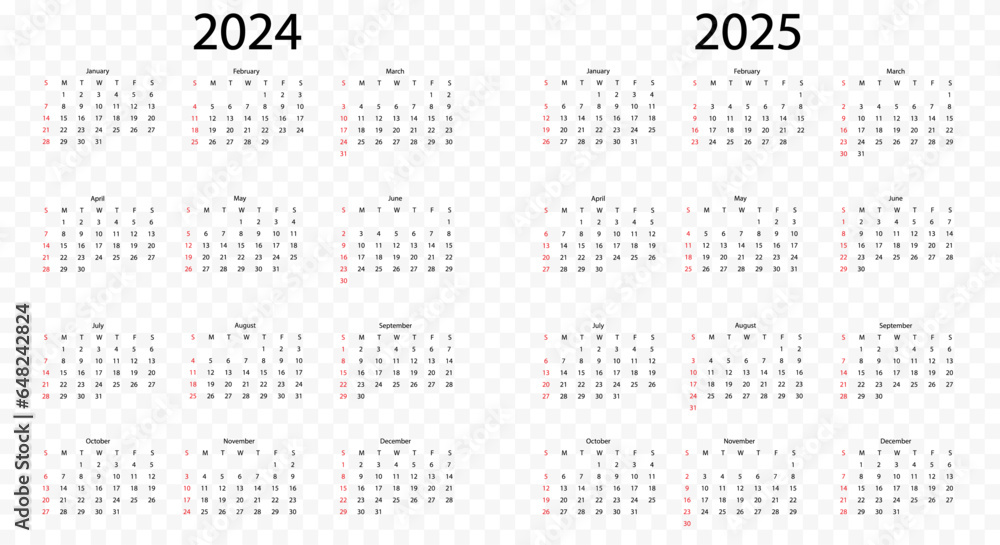Calendar 2024 and calendar 2025. Week starts from Sunday. Planner ...