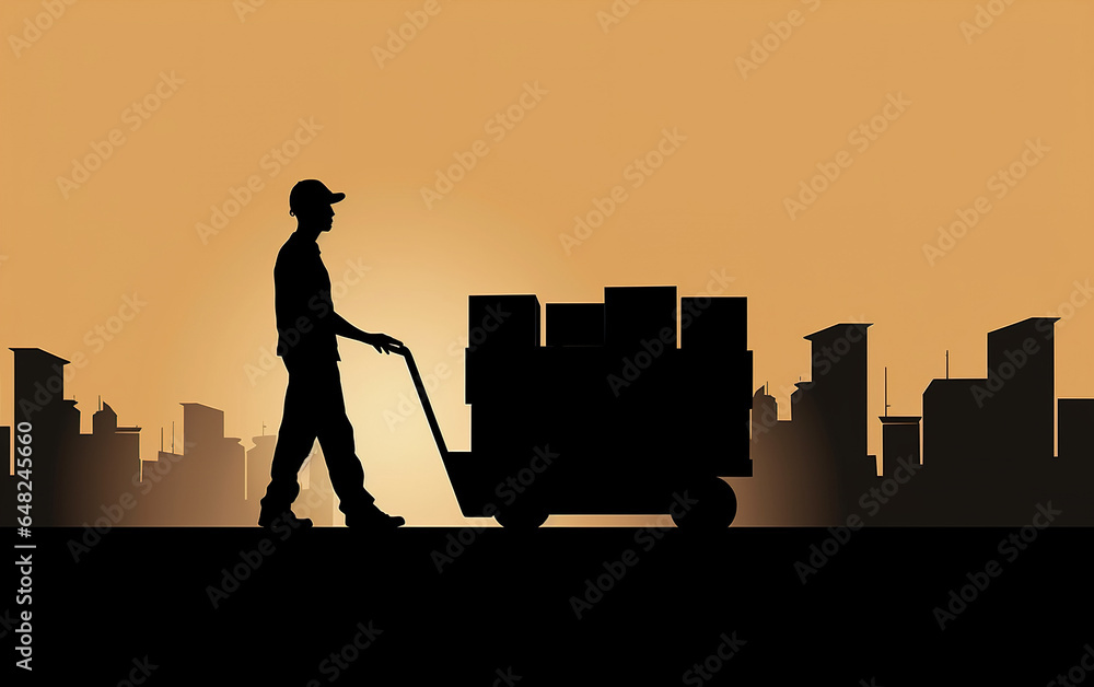 silhouette of man worker with package box on cart, delivery service ...
