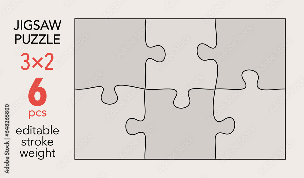 Empty jigsaw puzzle grid template, 3x2 shapes, 6 pieces. Separate ...