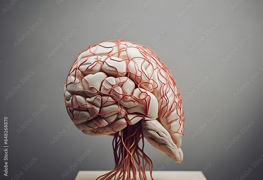 Anatomical model of human brain with nervous and vascular system side ...
