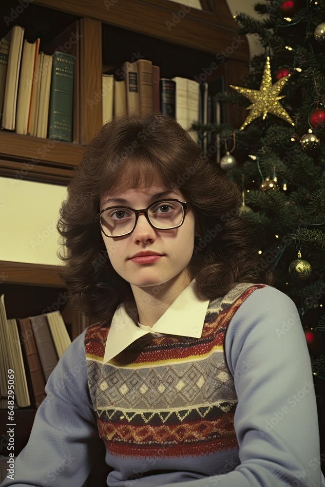 1970s era portrait, pretty young female high school student at ...