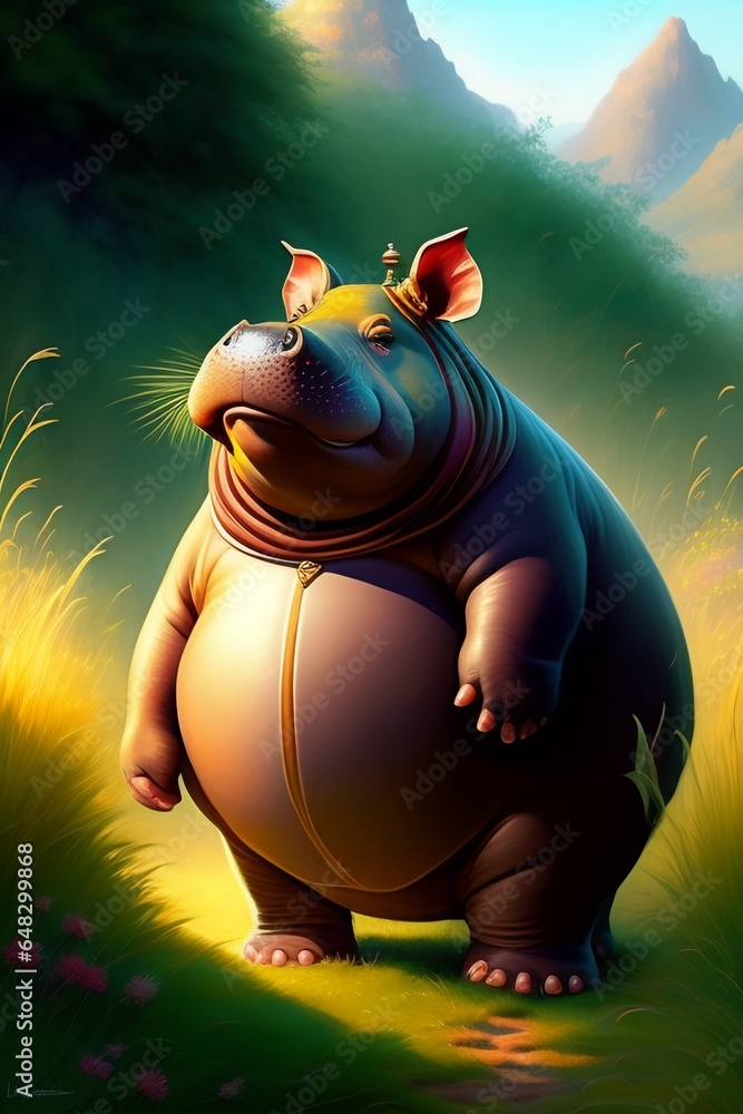 A humanoid hippo headed wizard in a grassy field, wearing wizard robes ...