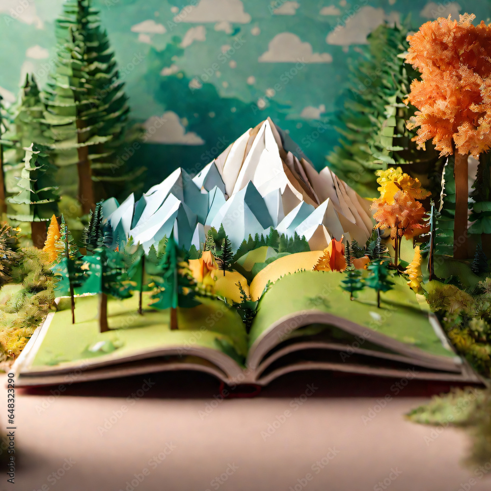 an open book with a picture of a mountain and trees on it, paper craft ...