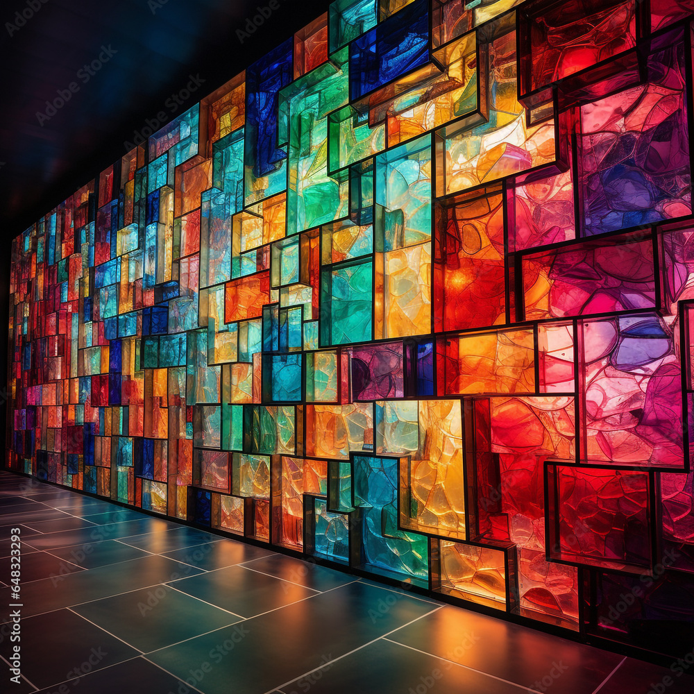 A wall composed of intricately arranged stained glass blocks. The ...