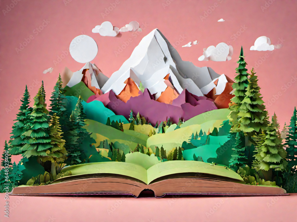 an open book with a picture of a mountain and trees on it, paper craft ...