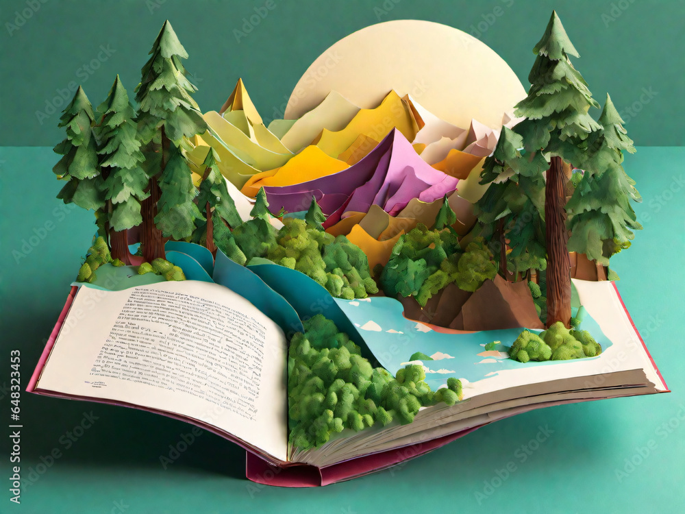 an open book with a picture of a mountain and trees on it, paper craft ...