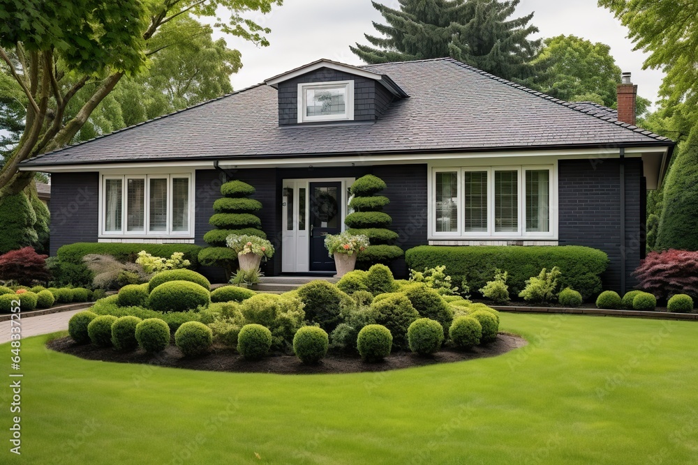 Colonial style brick family house exterior with black roof tiles ...