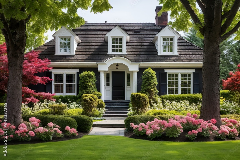 Colonial style brick family house exterior with black roof tiles ...